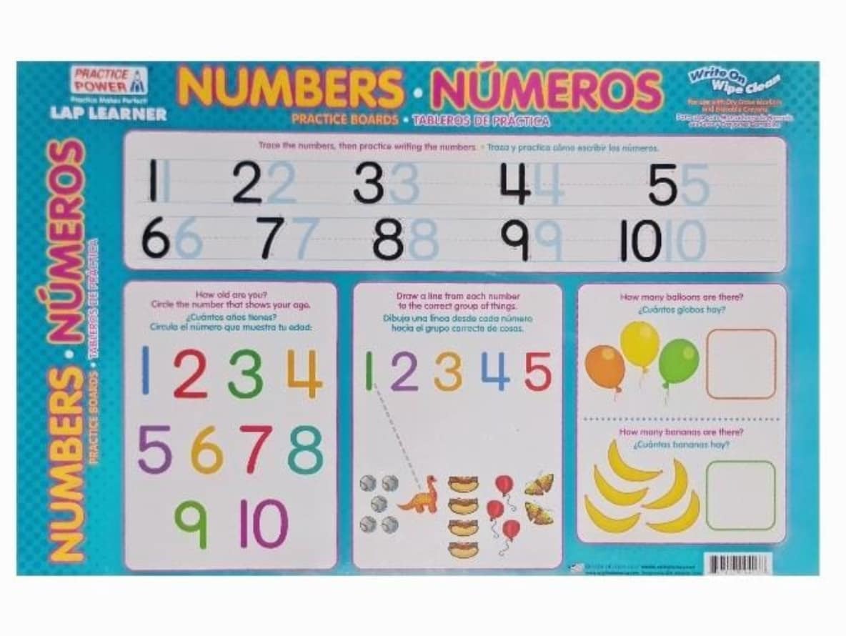 Numbers Números” practice board designed for